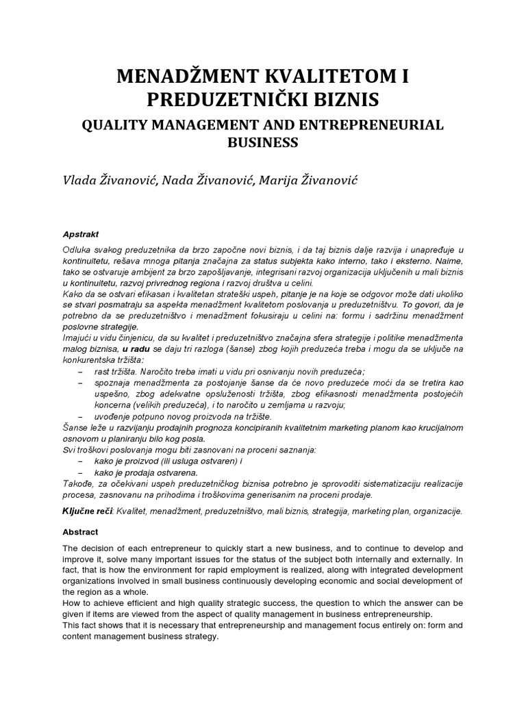 Menadzment Kvalitetom I Preduzetnicki Biznis Seminarski Rad | PDF
