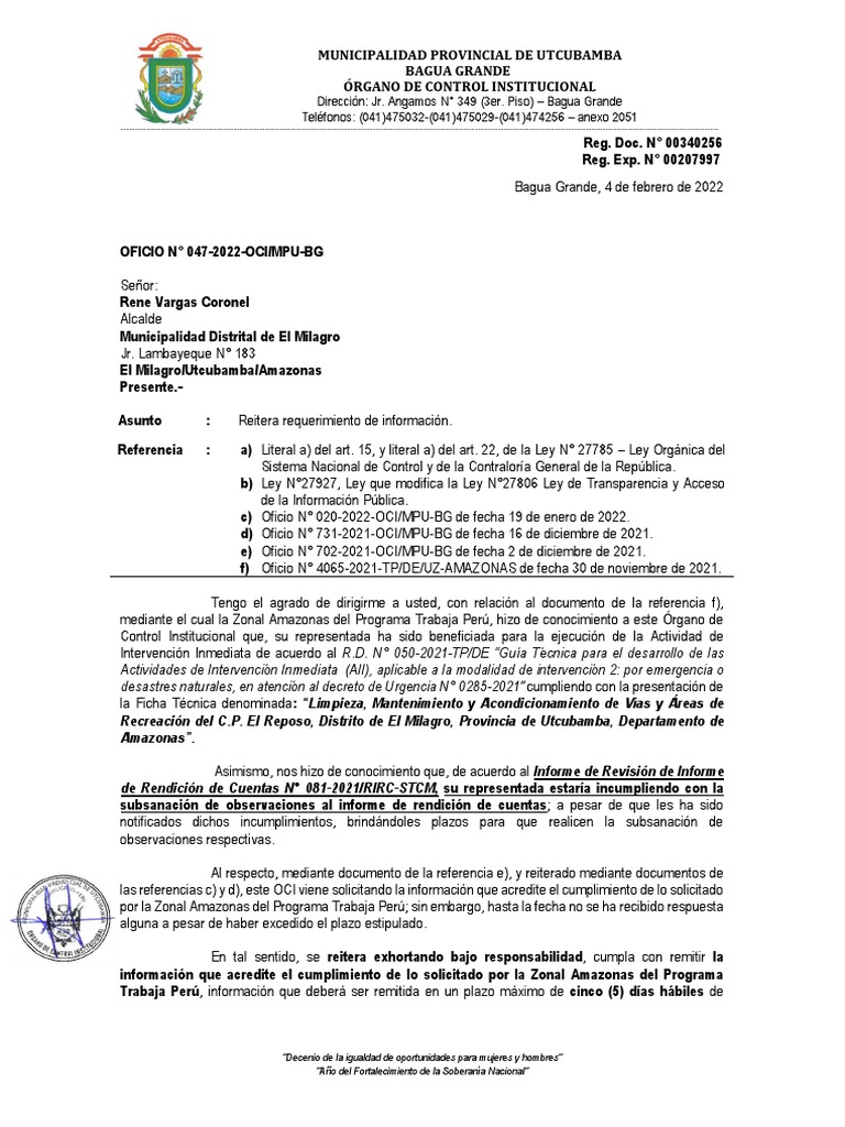 Oficio #047 - Reitera Oficio 020 | PDF | Gobierno | Justicia