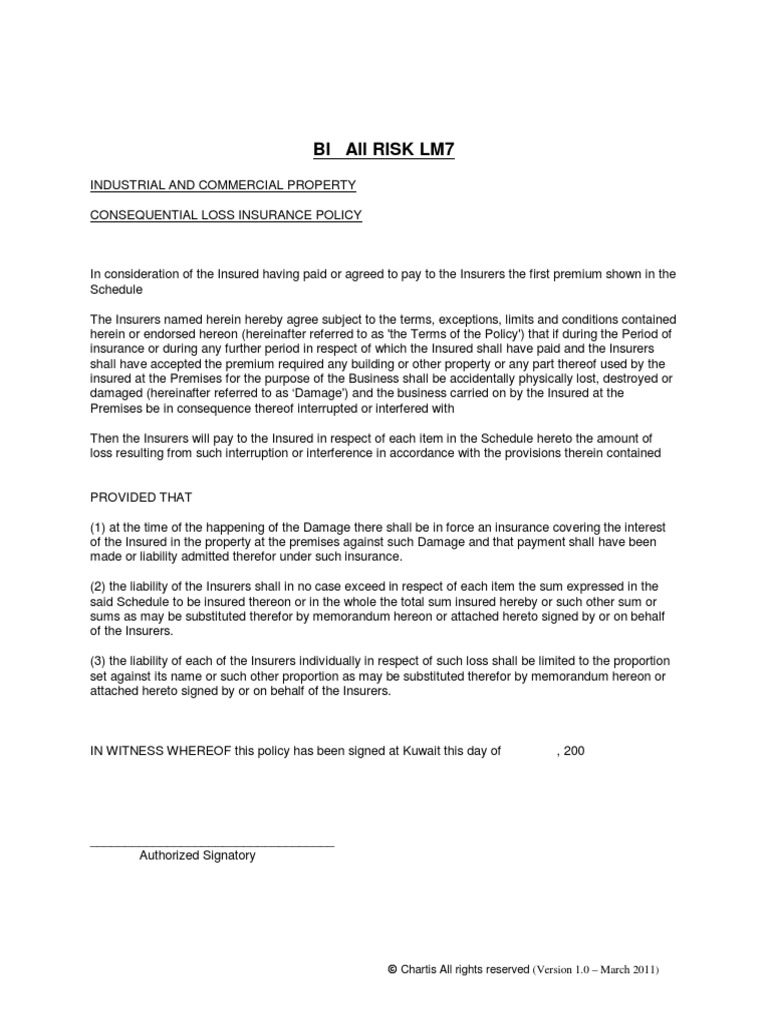 BI All Risk LM7 | PDF | Insurance | Indemnity