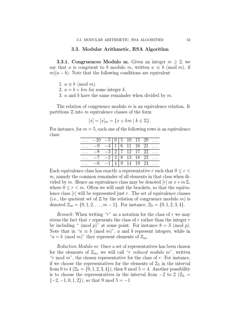 33 Modular Arithmetic Rsa Algorithm 52 Pdf Mathematics Discrete Mathematics