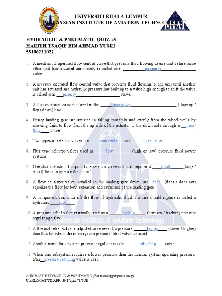 (Hydraulic Pneumatic) Quiz #3 Harith | PDF | Valve | Actuator