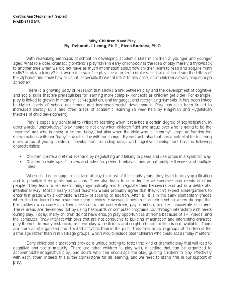 Article-Why Children Need Play | PDF | Teachers | Classroom