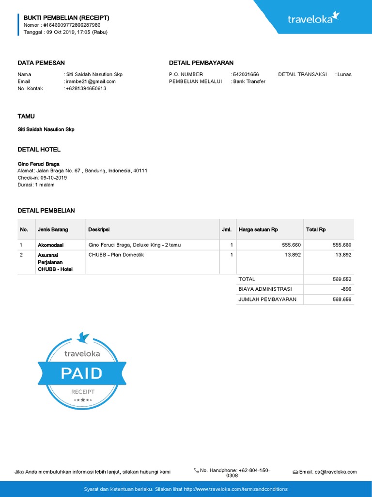 Receipt Hotel Traveloka 2 Malam | PDF