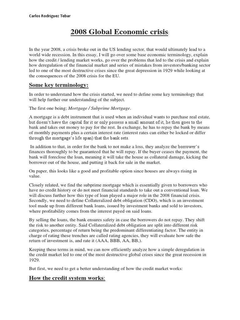 2008 Global Economic Crisi1 | PDF | Mortgage Loan | Collateralized Debt ...