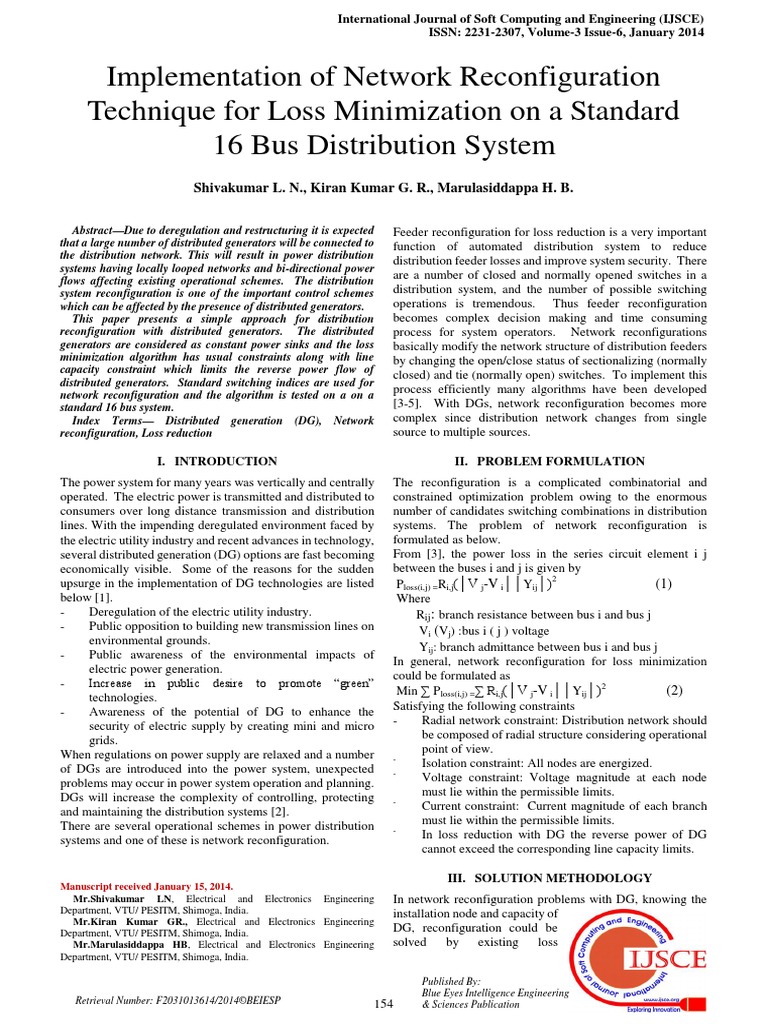 Implementation Of Network Reconfiguration Technique For Loss Minimization On A Standard 16 Bus