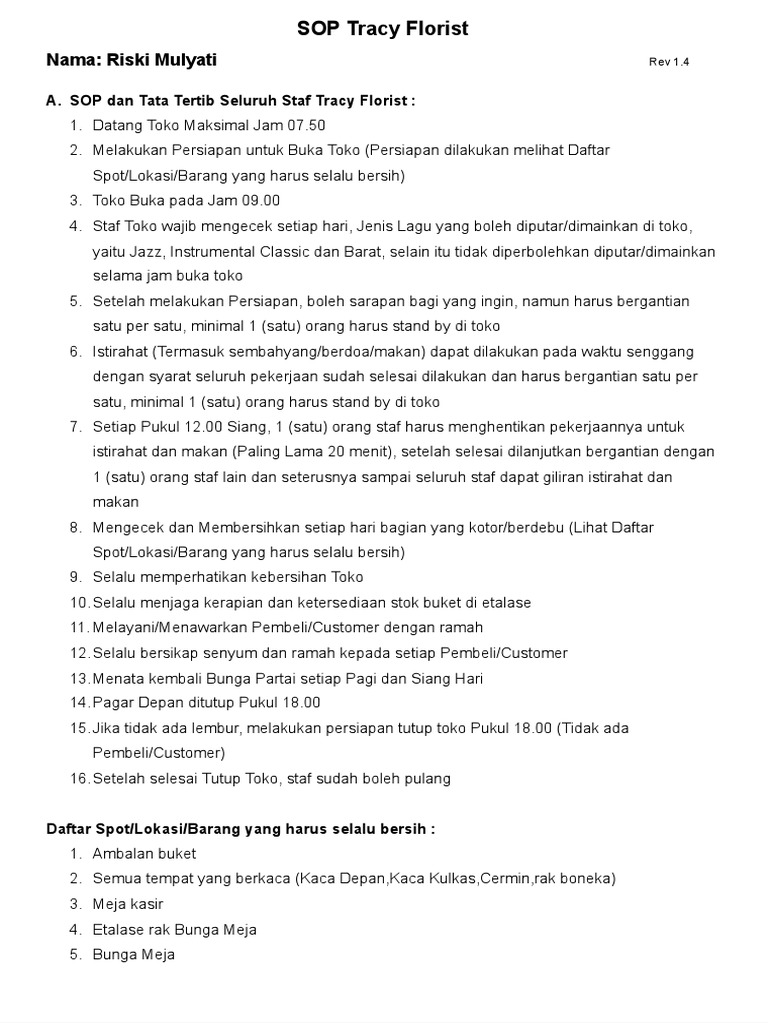 Nama: Riski Mulyati: A. SOP Dan Tata Tertib Seluruh Staf Tracy Florist | PDF