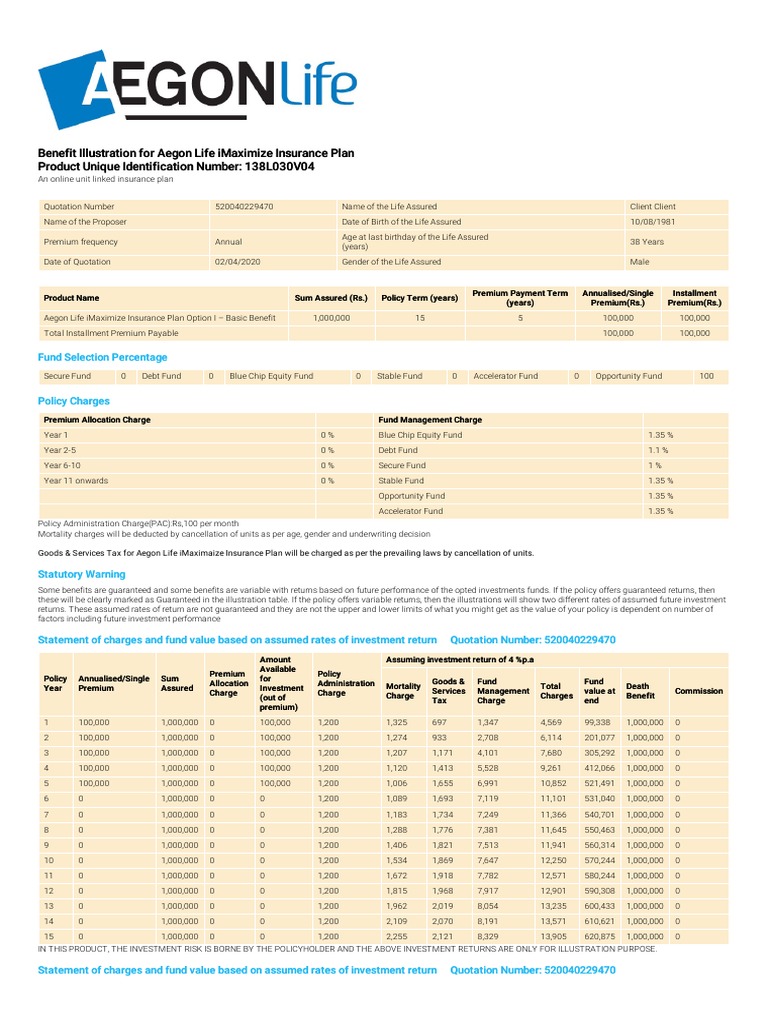 Benefit Illustration For Your Policy EQuote Number 520040229470 | PDF ...