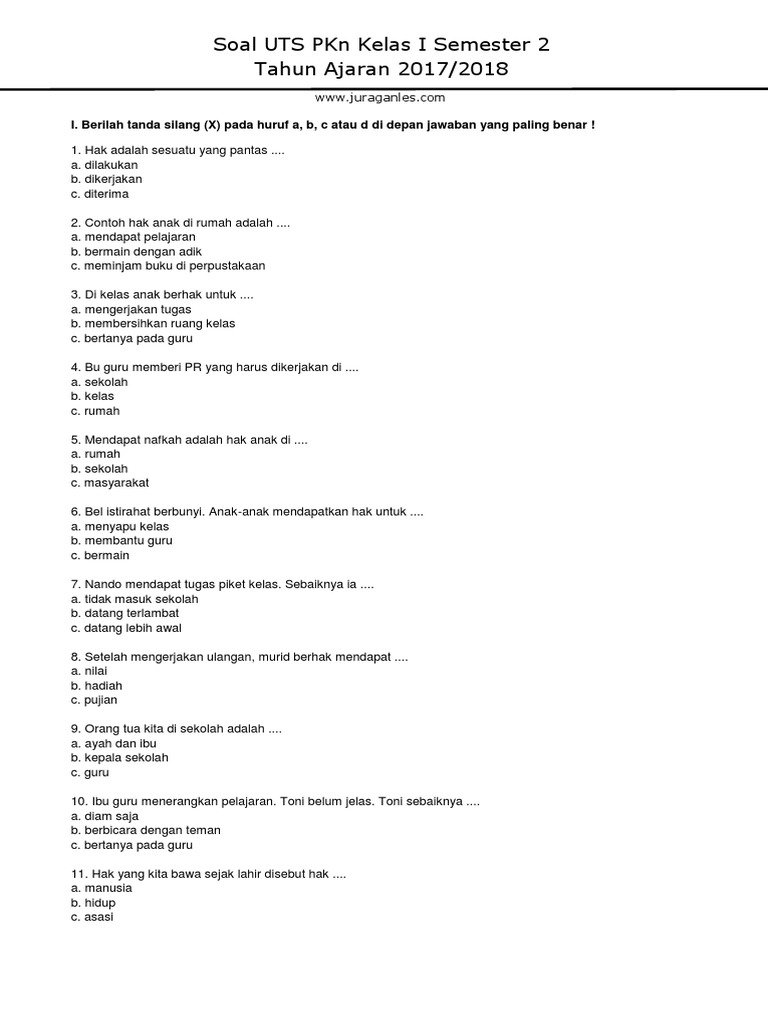 Soal UTS PKN Kelas 1 Semester 2 | PDF