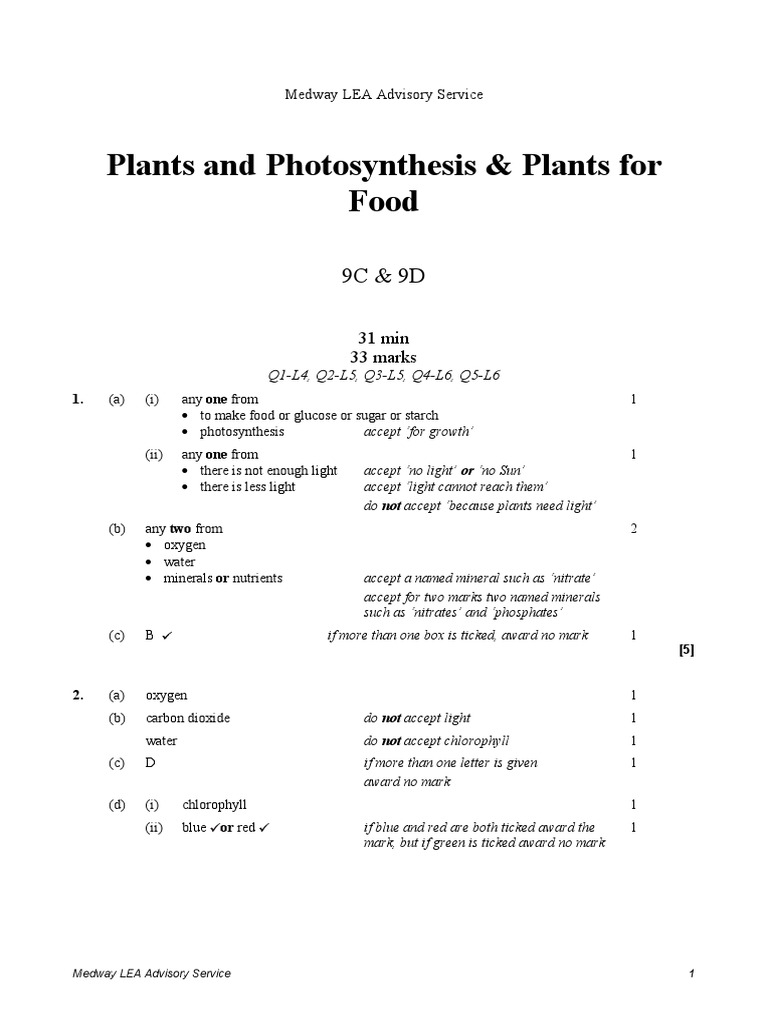 Year - 9 Photosynthesis - Mark Scheme | PDF | Plants | Photosynthesis