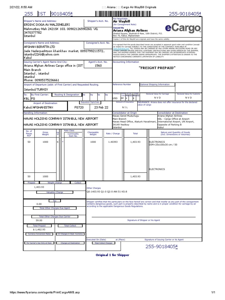 "Freight Prepaid": Air Waybill Ariana Afghan Airlines | PDF | Transport ...