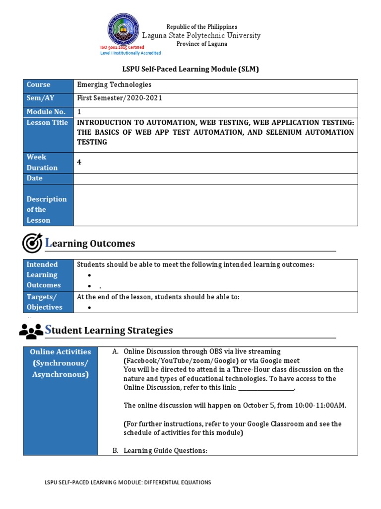 Earning Outcomes: LSPU Self-Paced Learning Module (SLM) | PDF | Selenium (Software) | Software ...