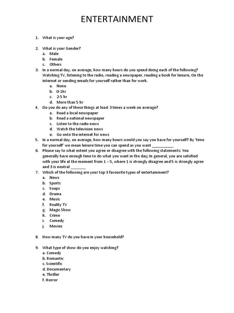 Entertainment Survey | PDF | News | Entertainment
