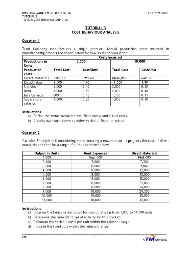 Tutorial 3 Cost Behaviour Analysis | PDF | Expense | Cost