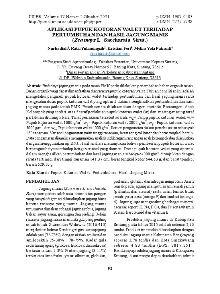 Pengaruh Pupuk Kotoran Walet terhadap Pertumbuhan dan Hasil Jagung Manis pada Tanah PMK | PDF