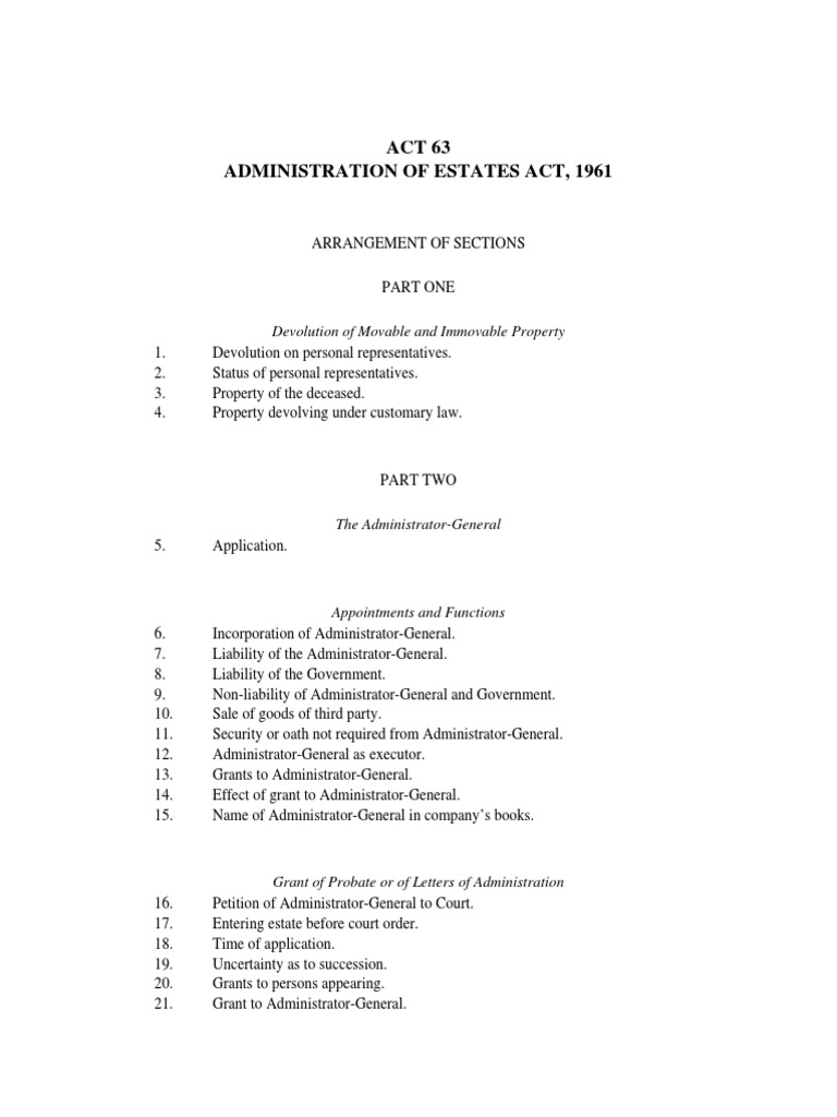 Administration of Estates Act, 1961 | PDF | Probate | Will And Testament
