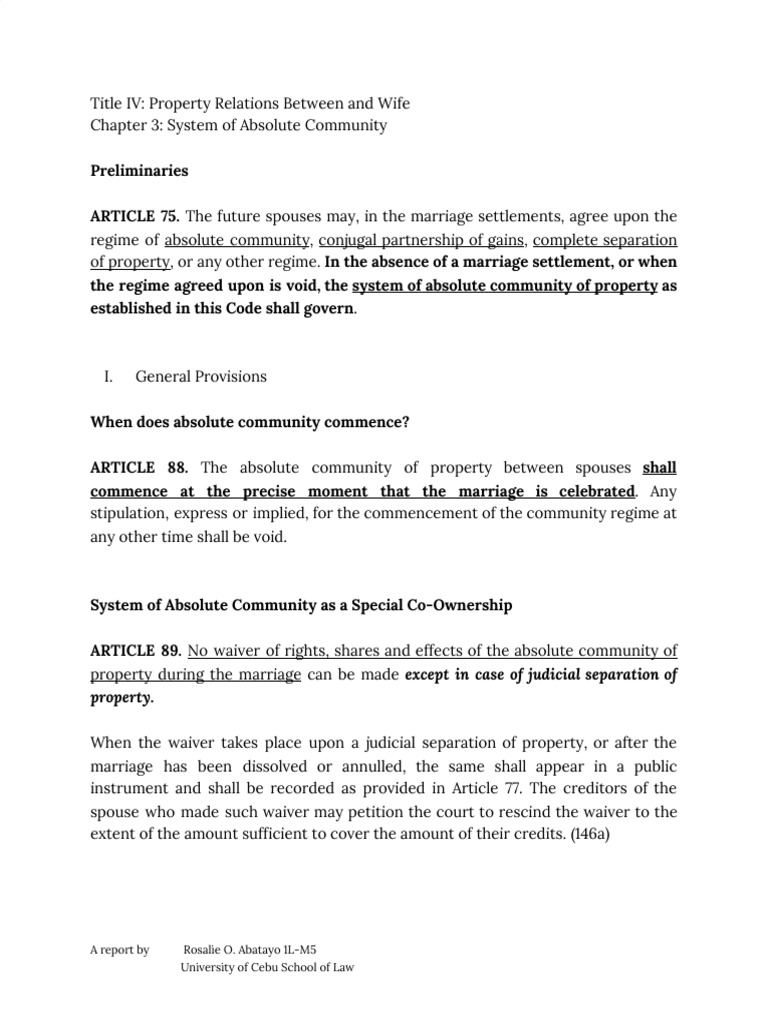 Notes For System of Absolute Community | PDF | Annulment | Marriage