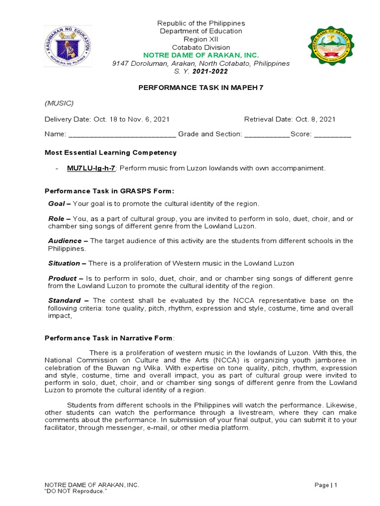 Ultimate Performance Task in Music | PDF | Rubric (Academic) | Knowledge