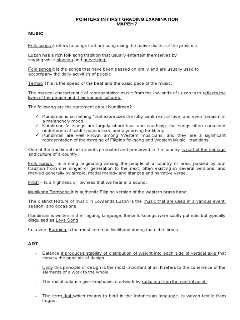 Pointers MAPEH 7 1ST GRADING EXAMINATION 2020-2021 | PDF | Physical Fitness | Aerobic Exercise