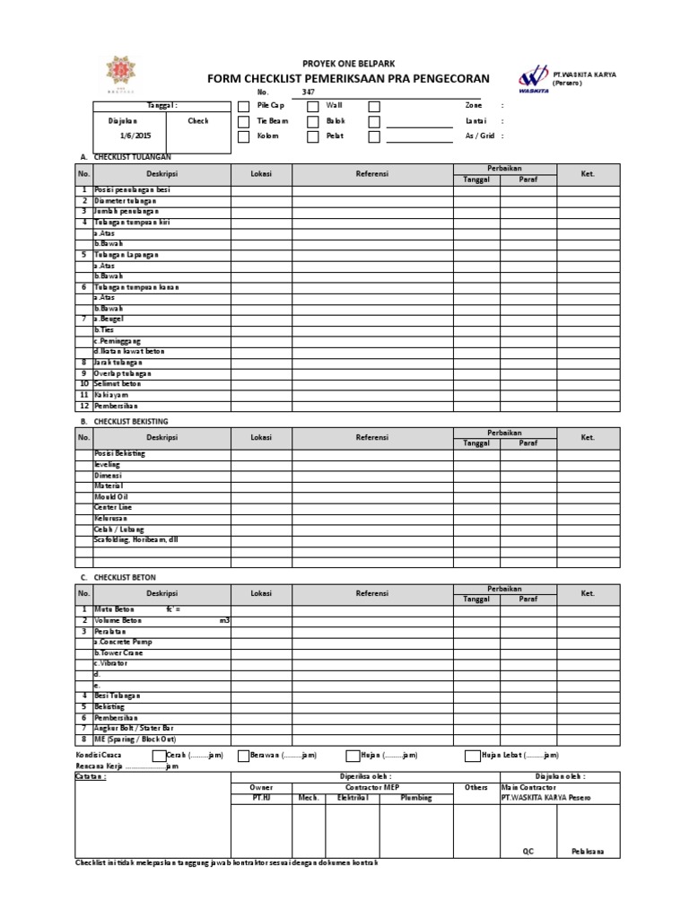 Checklist Pengecoran OBP | PDF