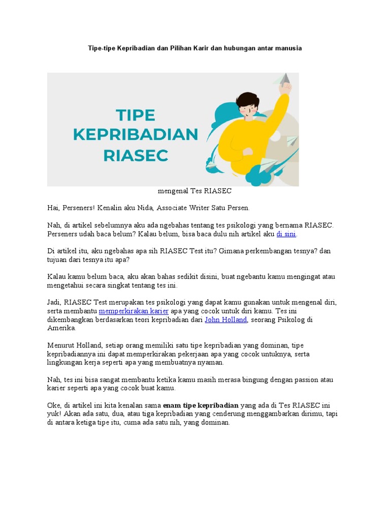 Tipe-Tipe Kepribadian Dan Pilihan Karir Dan Hubungan Antar Manusia | PDF | Karier & Perkembangan ...