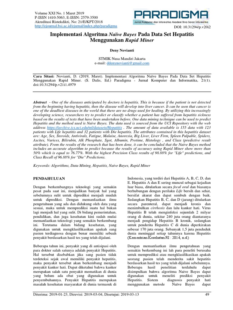 Implementasi Algoritma Naïve Bayes Pada Data Set Hepatitis Menggunakan Rapid Miner | PDF ...