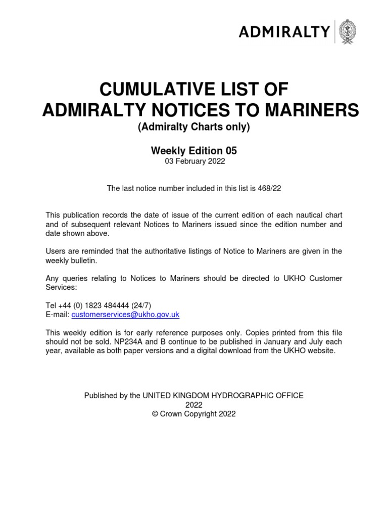 Cumulative List of Admiralty Notices To Mariners: (Admiralty Charts ...
