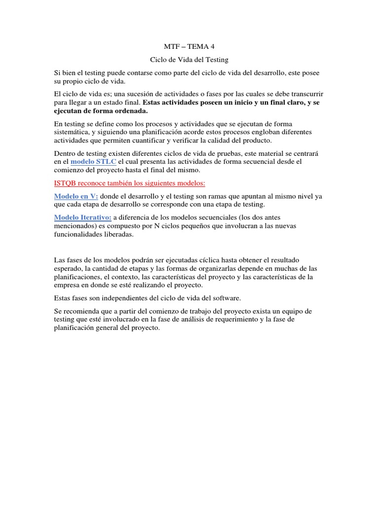 T4 - Ciclo de Vida Del Testing, Modelos y Fases Del Modelo STLC | PDF ...