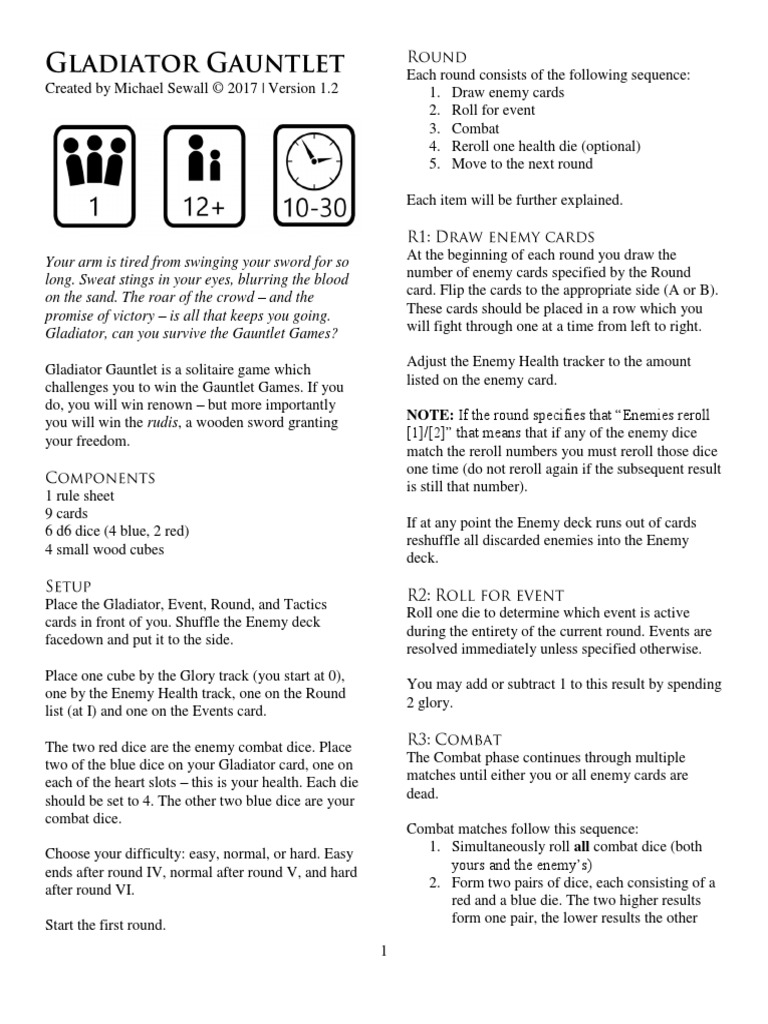 Gladiator Gauntlet Rules 1.2 | PDF | Dice | Games Of Mental Skill