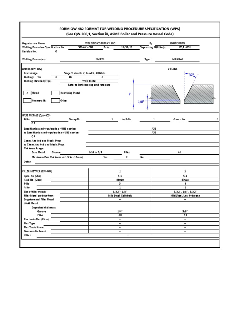 Form Qw-482 Format For Welding Procedure Specification (WPS) (See QW ...