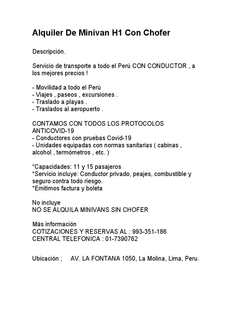 Alquiler de Minivan H1 Con Chofer | PDF | Negocios
