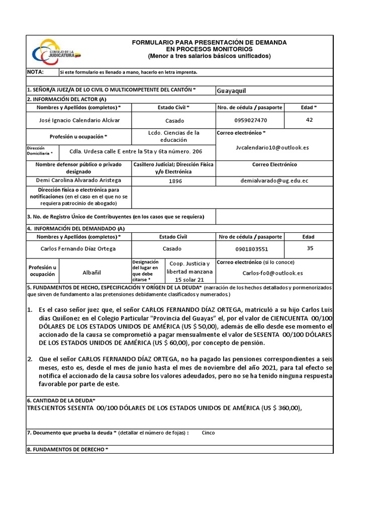 Formulario - Procedimiento Monitorio | PDF | Deuda | Pensión