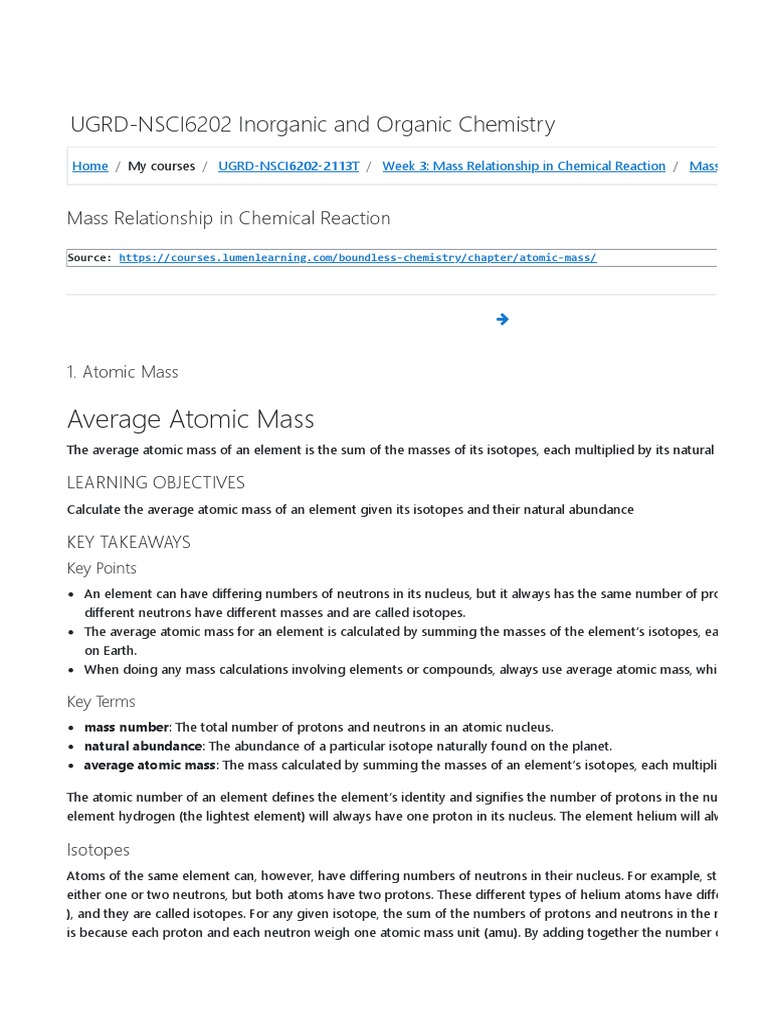 Mass Relationship in Chemical Reaction - Atomic Mass | PDF | Mass ...