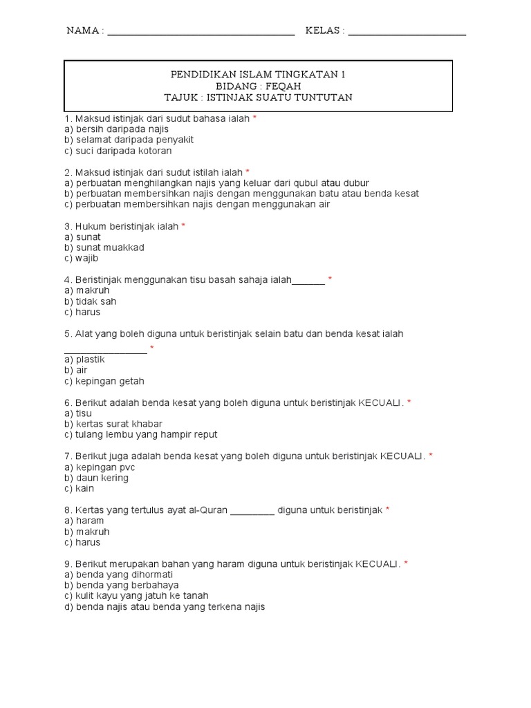 LATIHAN PI TING 1 Bidang Feqah Tajuk Istinjak Suatu Tuntutan | PDF