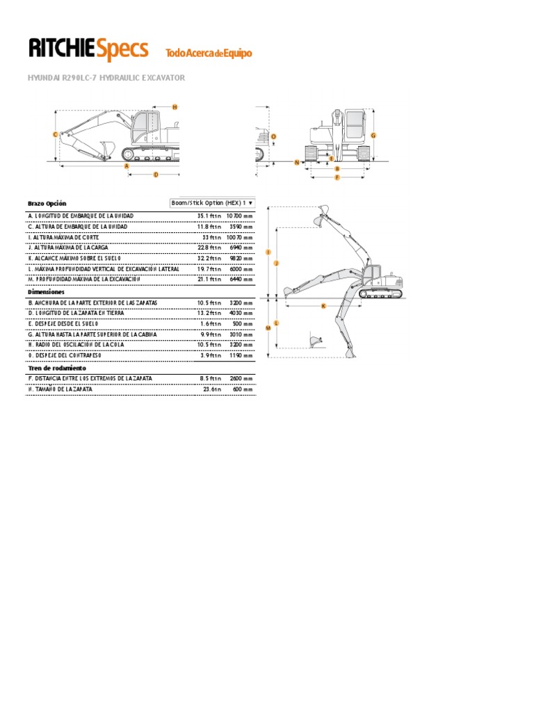 Hyundai R290Lc 7 Hydraulic Excavator: Brazo Opción Boom/Stick Option ...