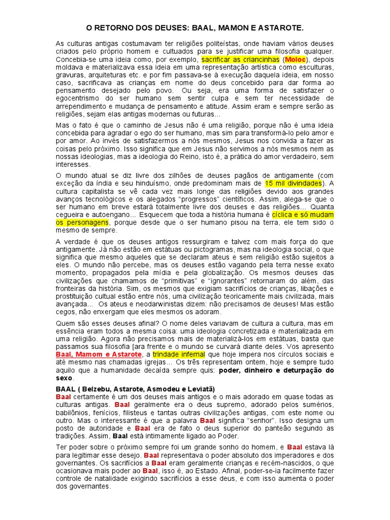 O Retorno Dos Deuses - Baal - Mamon e Astarote | PDF | Dinheiro | Amor