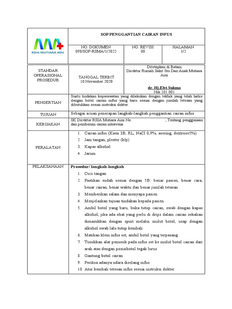 Sop Penggantian Cairan Infus | PDF