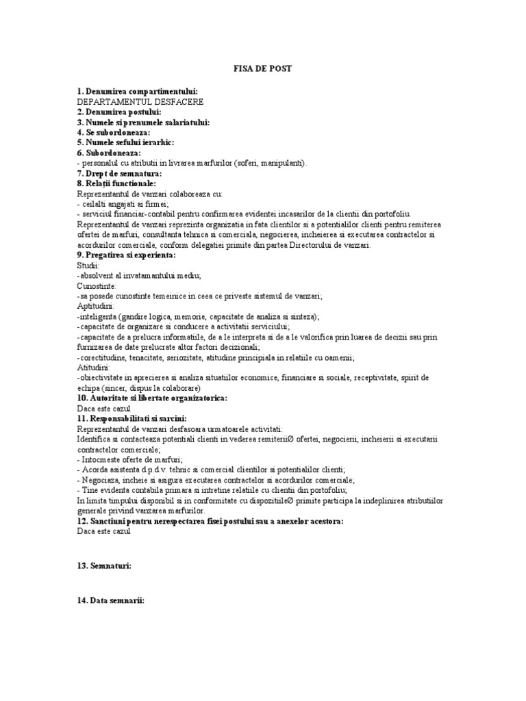 FISA DE POST Vanzator | PDF