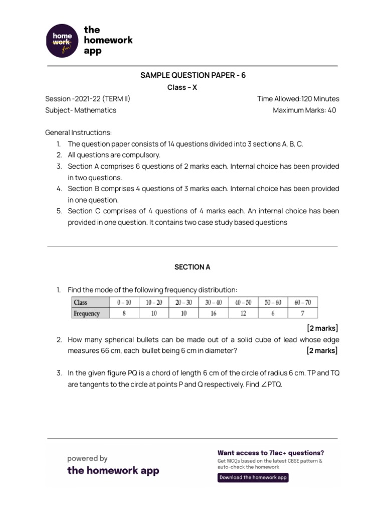 Sample Question Paper - 6 | PDF | Circle | Mathematics