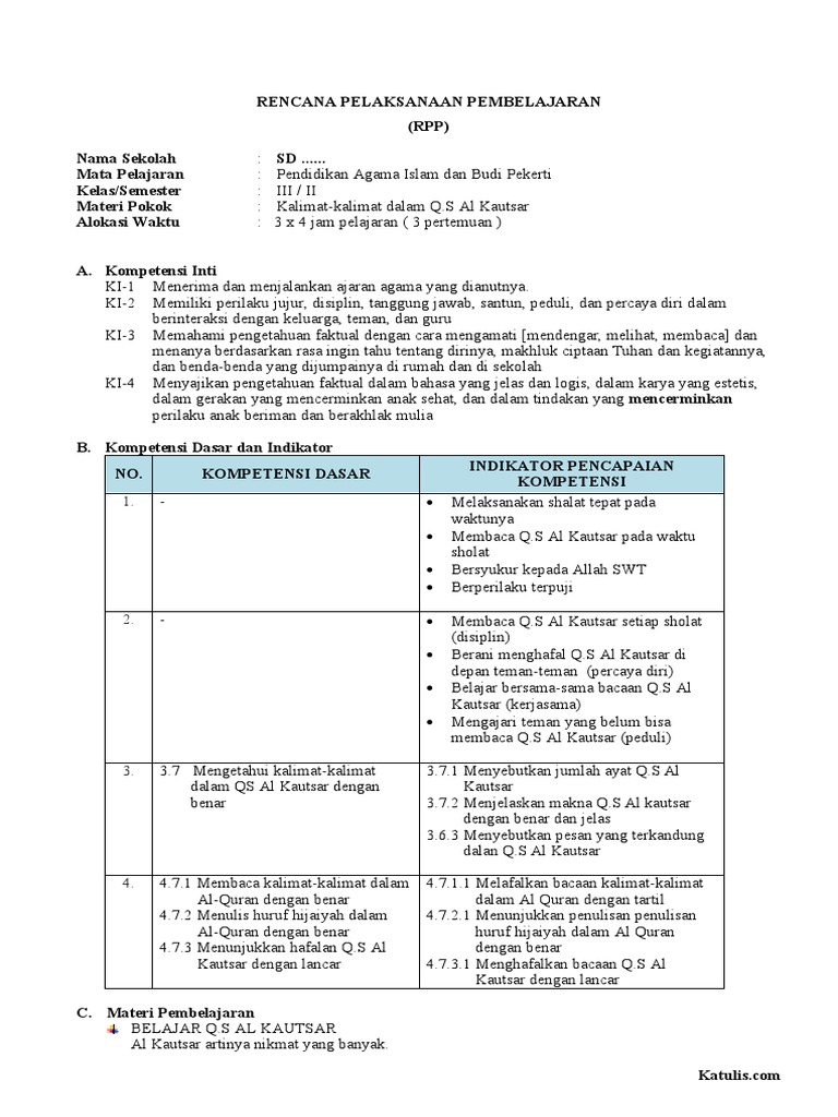 RPP PAI K13 Kelas 3 Revisi 2018 Kalimat-Kalimat Dalam Q.S Al Kautsar | PDF