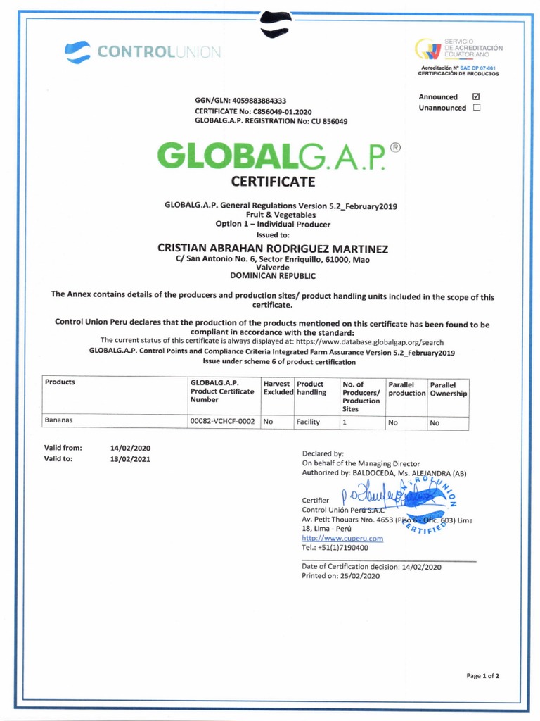 Certificado Global Gap Cristian Rodriguez | PDF