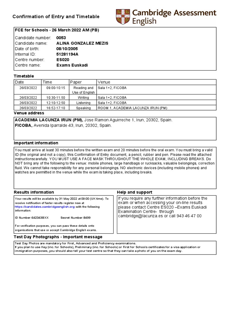 Confirmation of Entry and Timetable | PDF | Test (Assessment)
