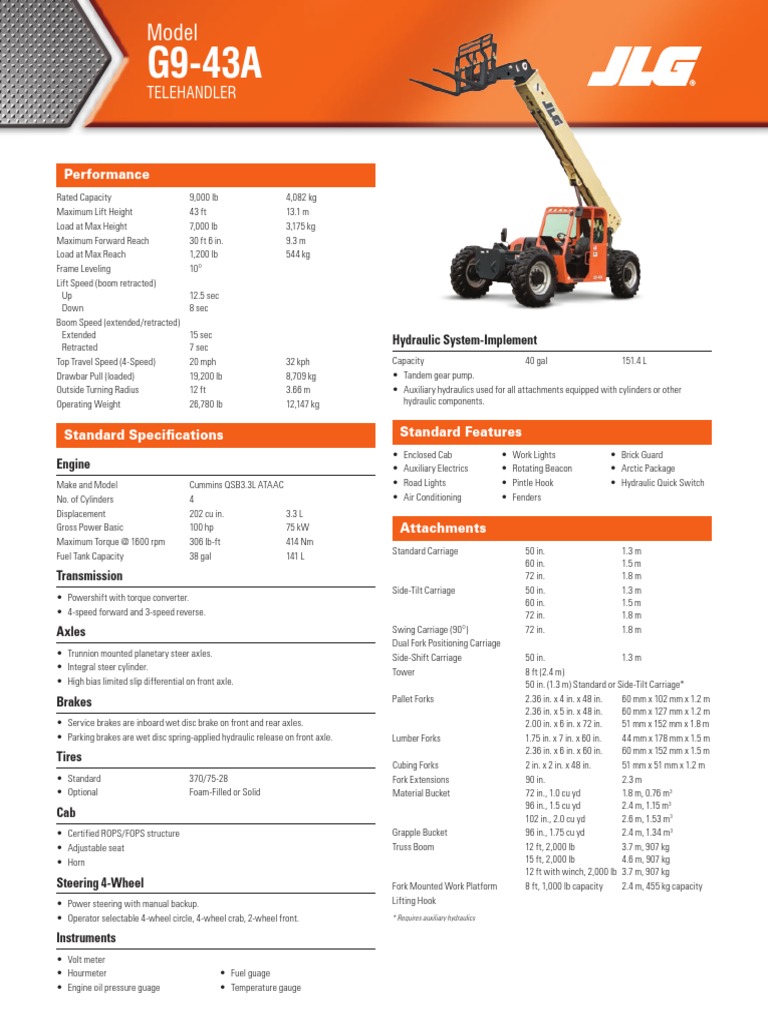 JLG G9-43A Telehandler Specifications | PDF | Horsepower | Mechanical ...