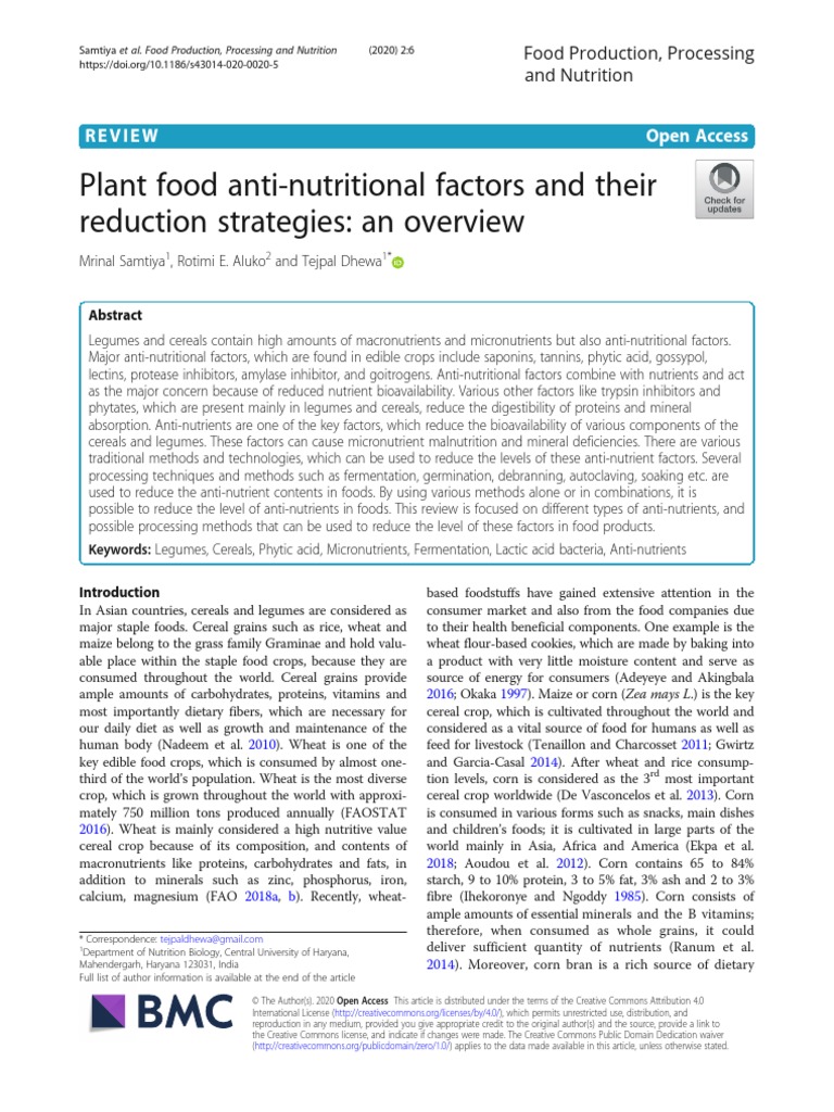 Plant Food Anti-Nutritional Factors and Their Reductions Strategies ...