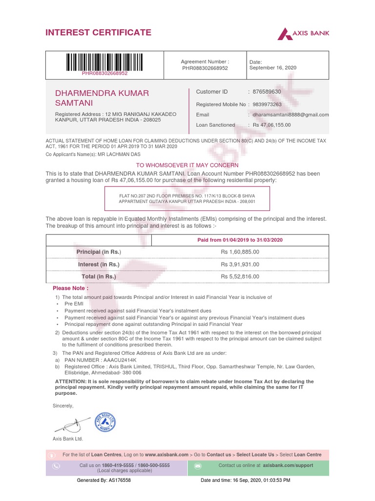 Interest Certificate: Dharmendra Kumar Samtani | PDF | Loans | Interest