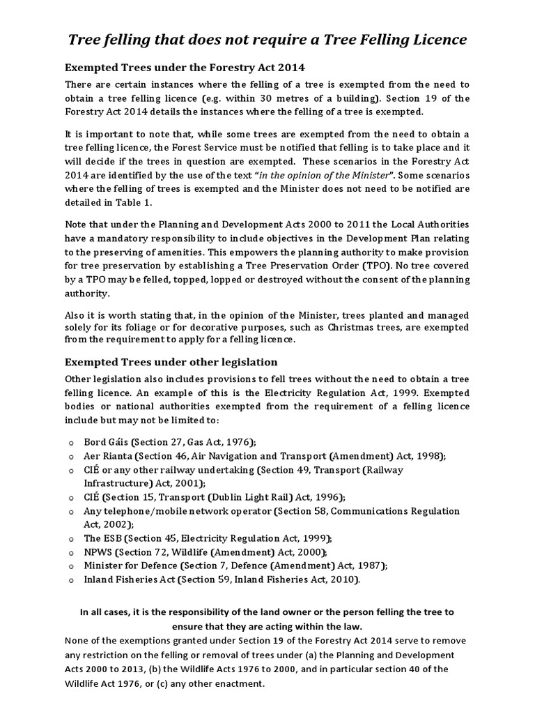 Tree Felling That Does Not Require A Tree Felling Licence: Exempted ...