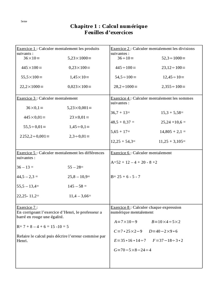 Chapitre 1 Calcul Numérique 5eme Feuille Exercices | PDF | Informatique | Informatique
