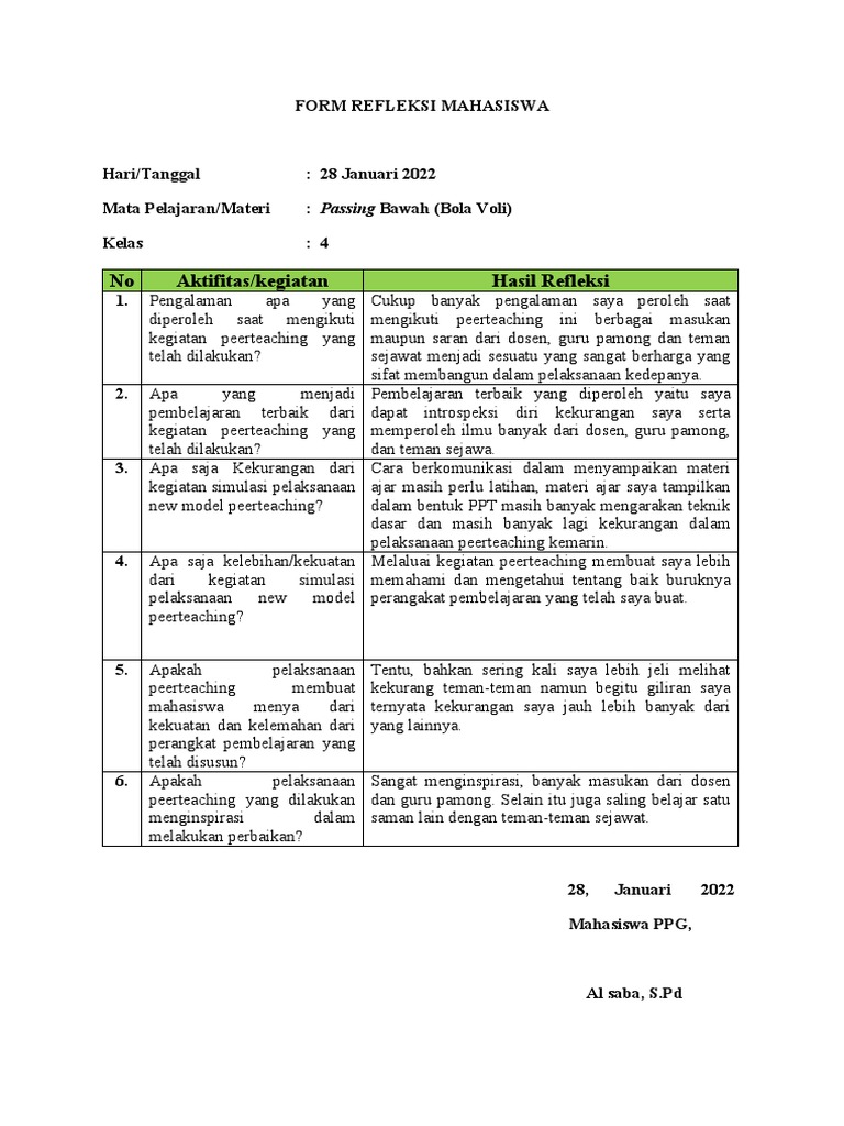 Form Refleksi Mahasiswa | PDF