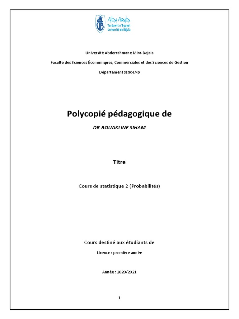 Polycopié de Cours Probailités | Download Free PDF | Théorie des probabilités | Loi de probabilité