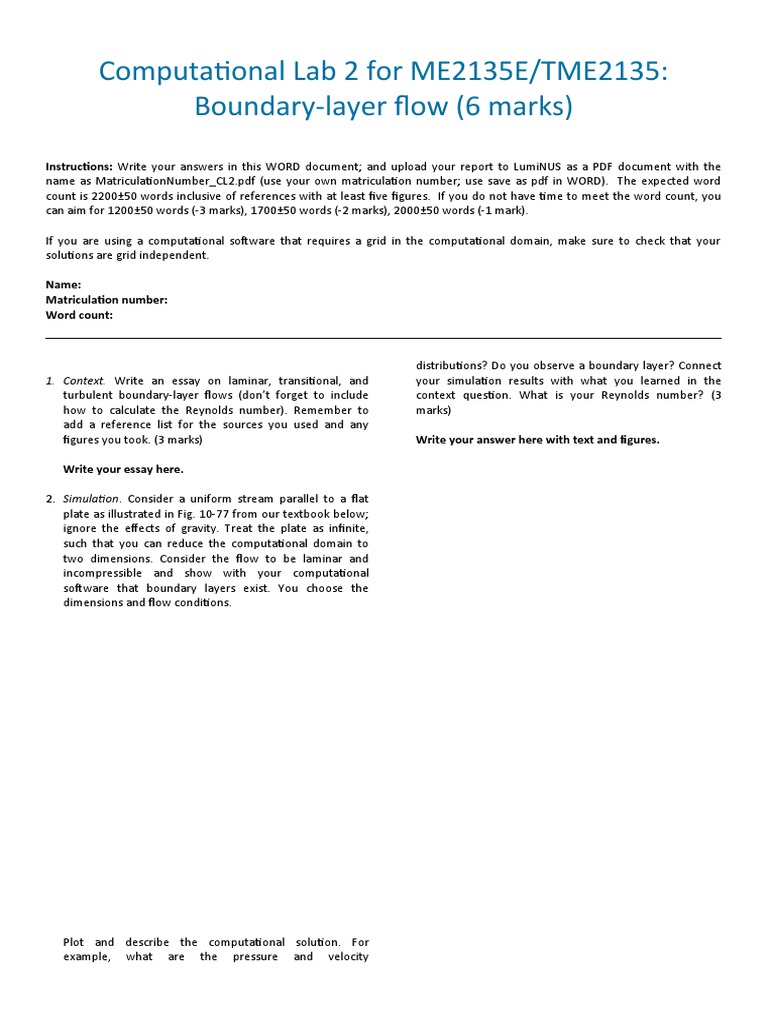 Computational Lab 2 For ME2135E/TME2135: Boundary-Layer Flow (6 Marks ...