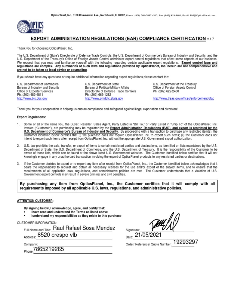 OpticsPlanet Export Compliance Certification | PDF | Exports | Government